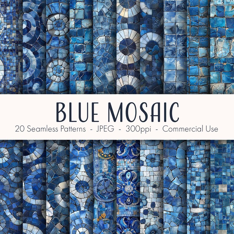 Blue Mosaic Seamless Patterns, Printable Digital Paper, Commercial Use ...
