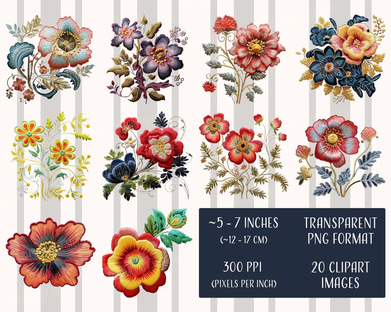 Embroidered Flower Clipart - Printable Images, Transparent Background ...