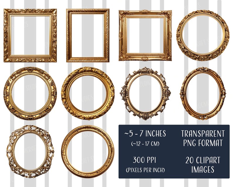 Gold Frame Clipart - Printable Images, Transparent Background, Instant ...