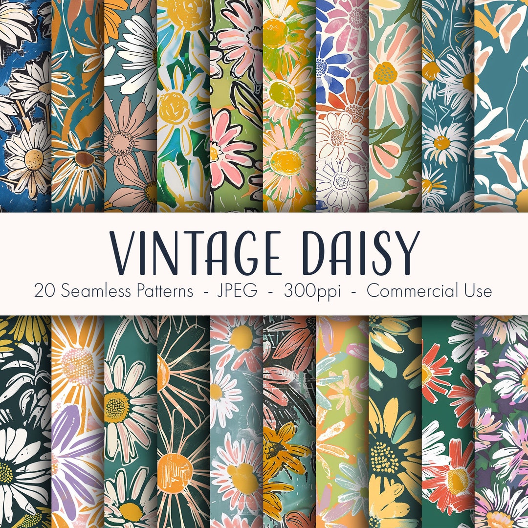 Vintage Daisy Seamless Patterns, Printable Digital Paper, Commercial ...