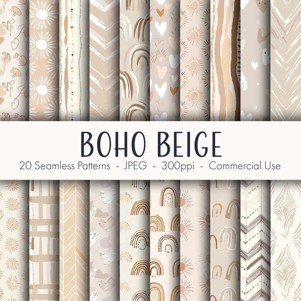Boho Beige Seamless Patterns, Printable Digital Paper, Commercial Use, JPEG Format, Instant ...