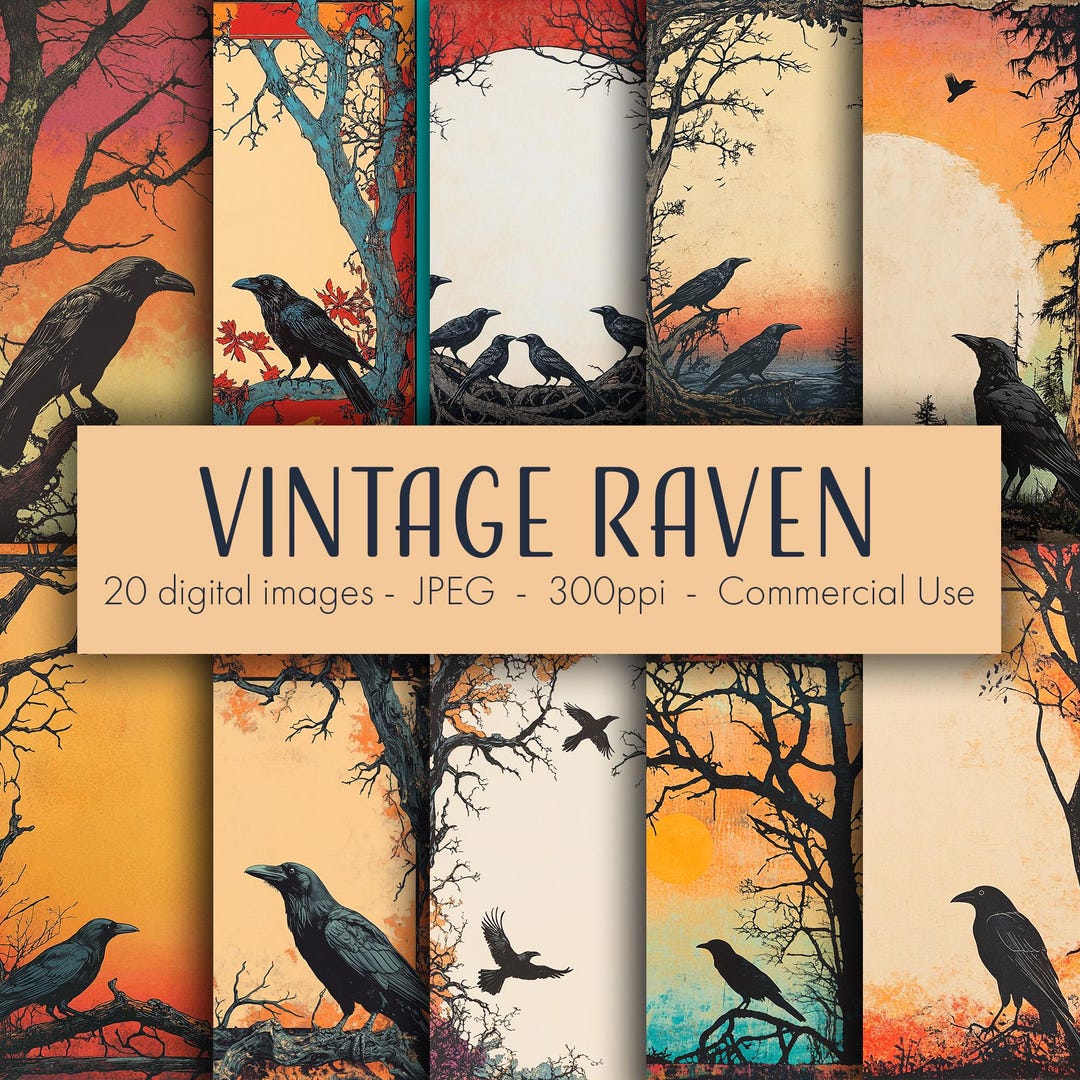 Vintage Raven Digital Images, Printable Digital Paper, Instant Download ...
