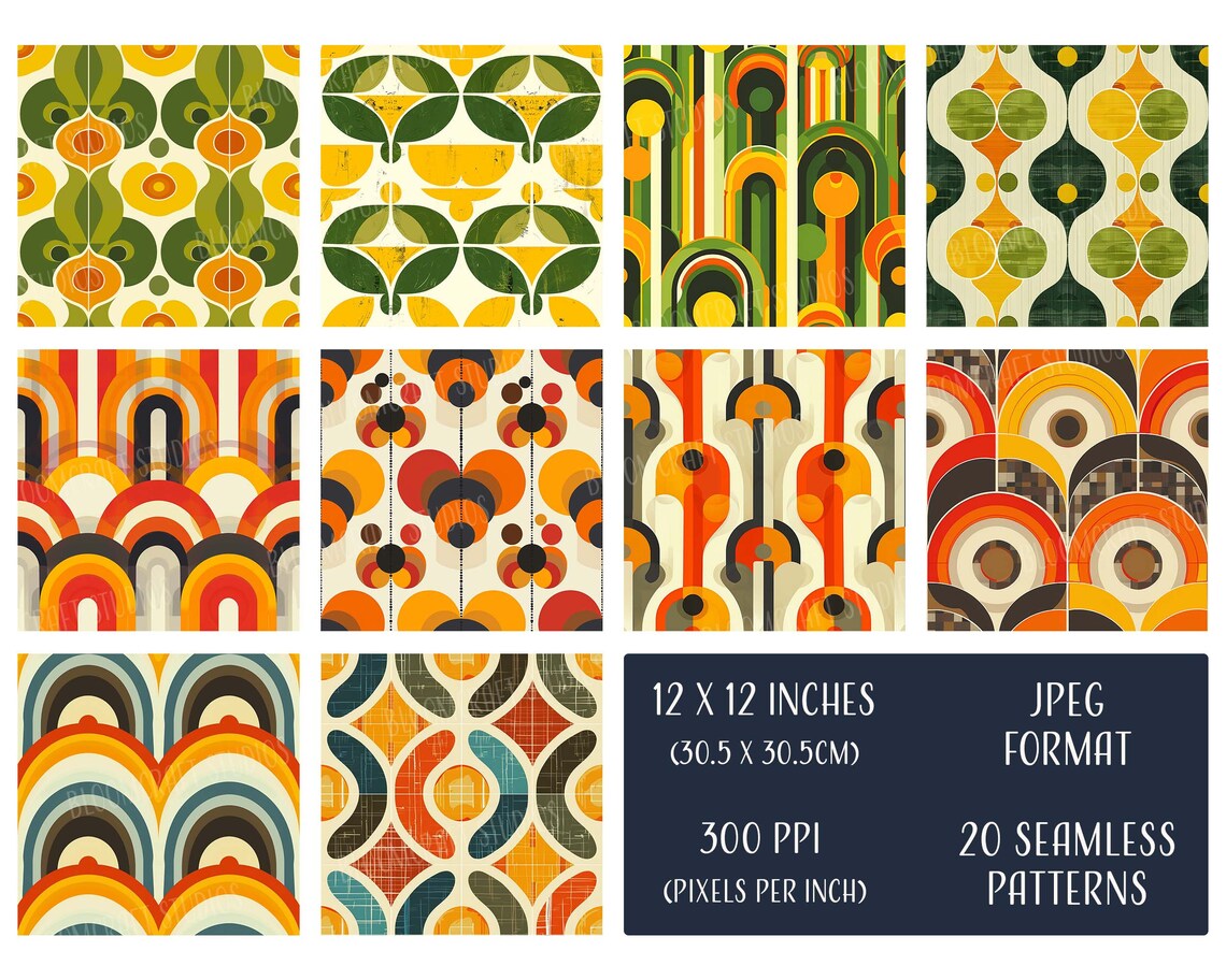 Retro Seamless Patterns, Printable Digital Paper, Commercial Use, JPEG ...