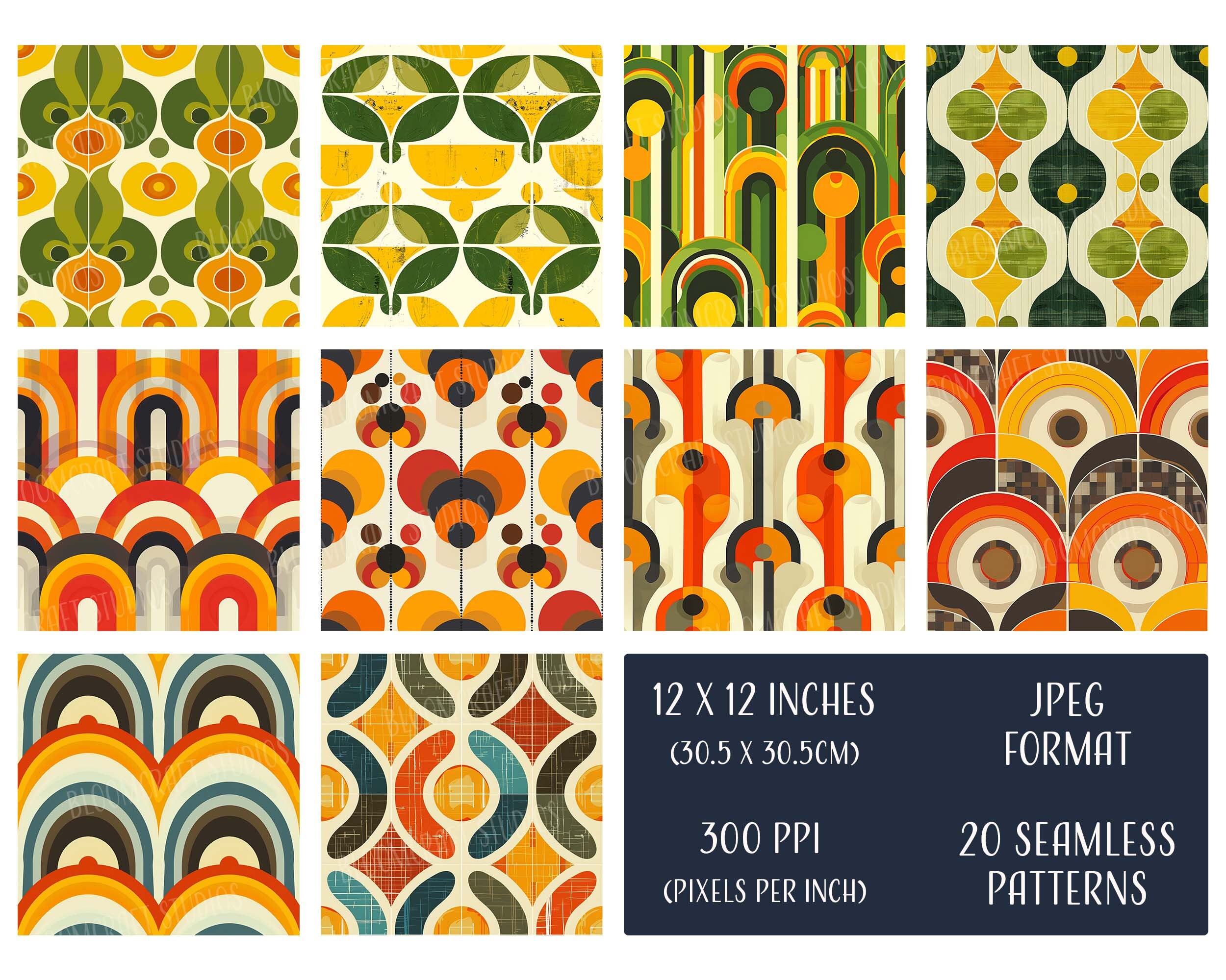Retro Seamless Patterns, Printable Digital Paper, Commercial Use, JPEG ...