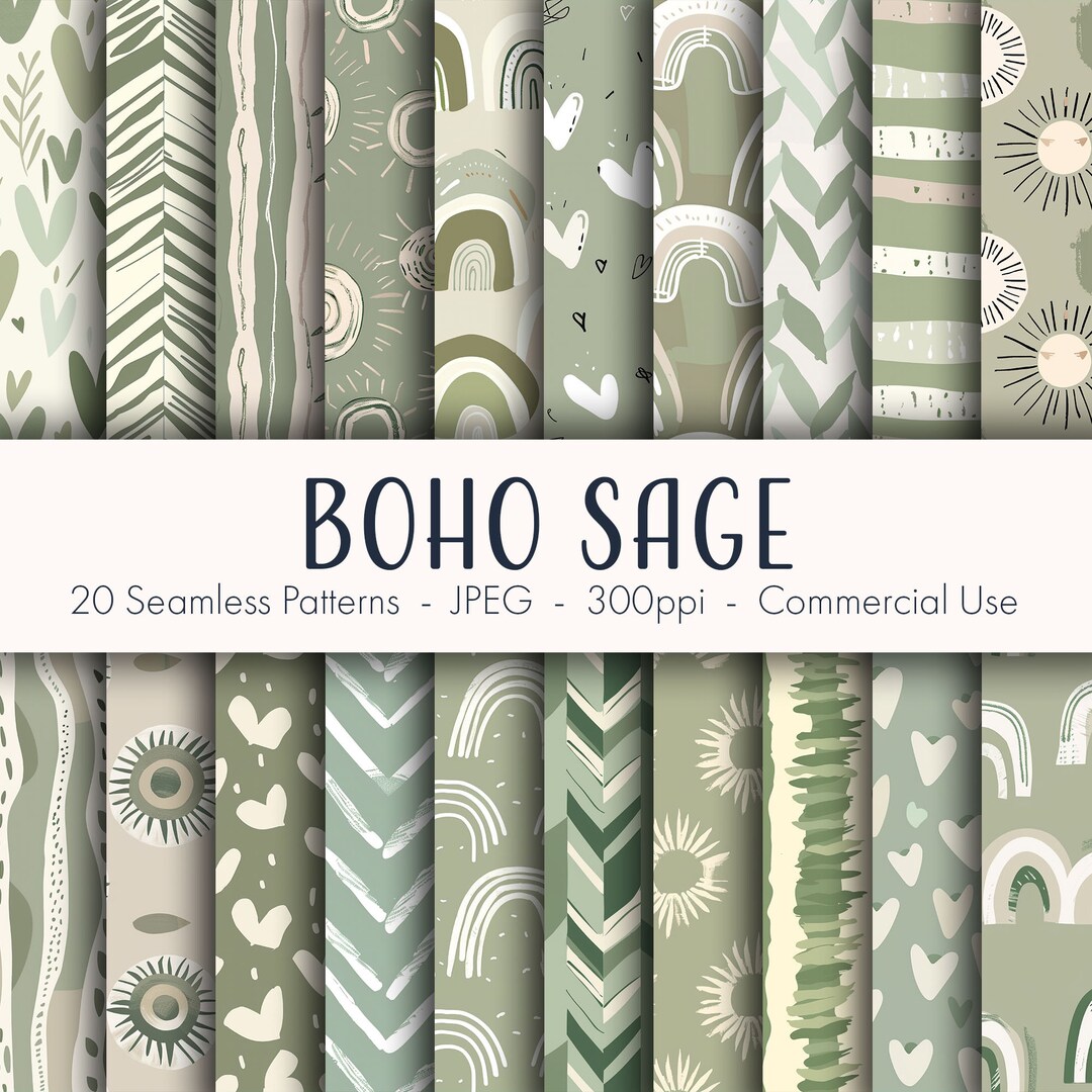 Boho Sage Seamless Patterns, Printable Digital Paper, Commercial Use ...