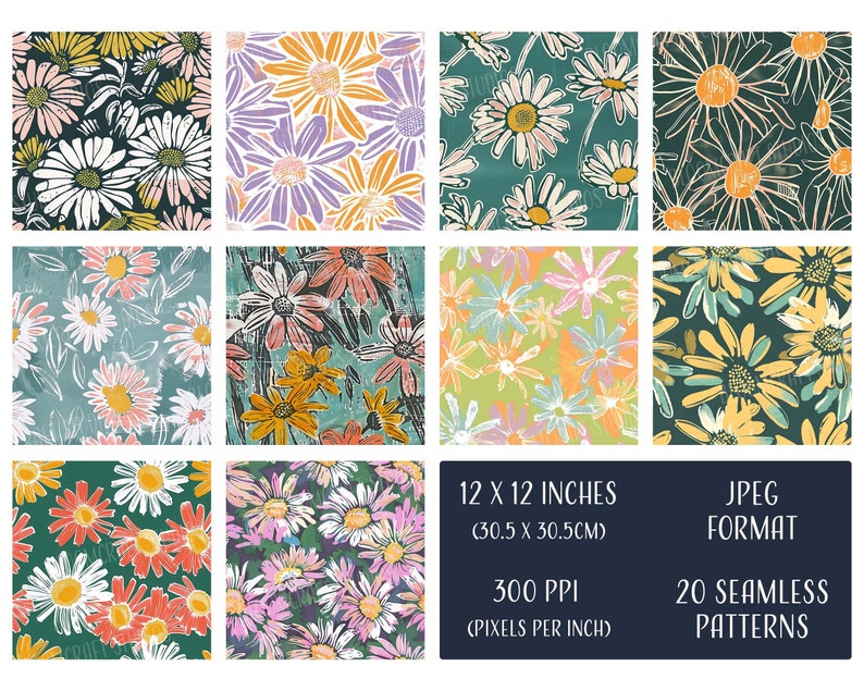Vintage Daisy Seamless Patterns, Printable Digital Paper, Commercial ...