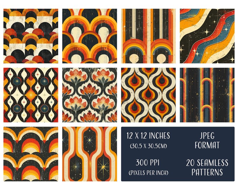 Retro Dark Seamless Patterns, Printable Digital Paper, Commercial Use ...