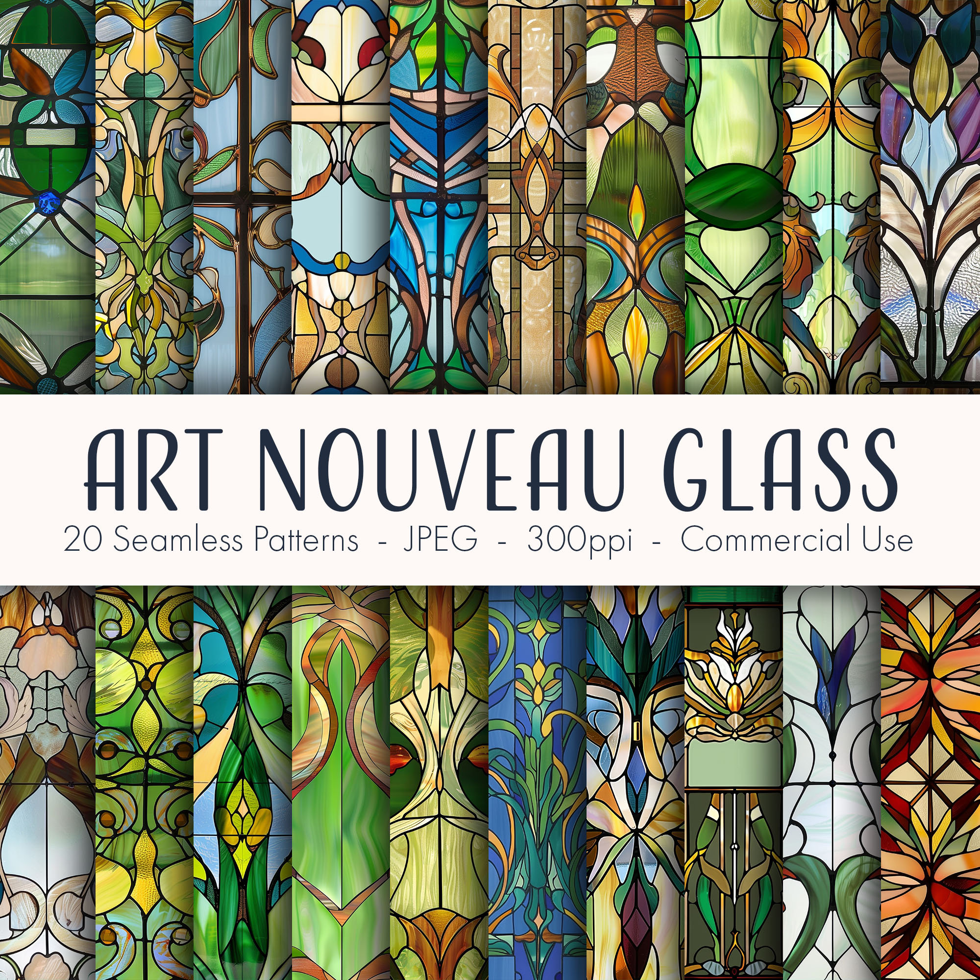 Art Nouveau Glass Seamless Patterns, Printable Digital Paper ...