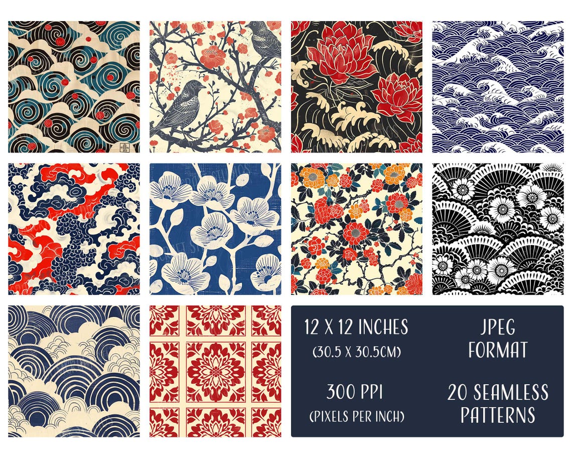 Japanese Woodcut Seamless Patterns, Printable Digital Paper, Commercial ...