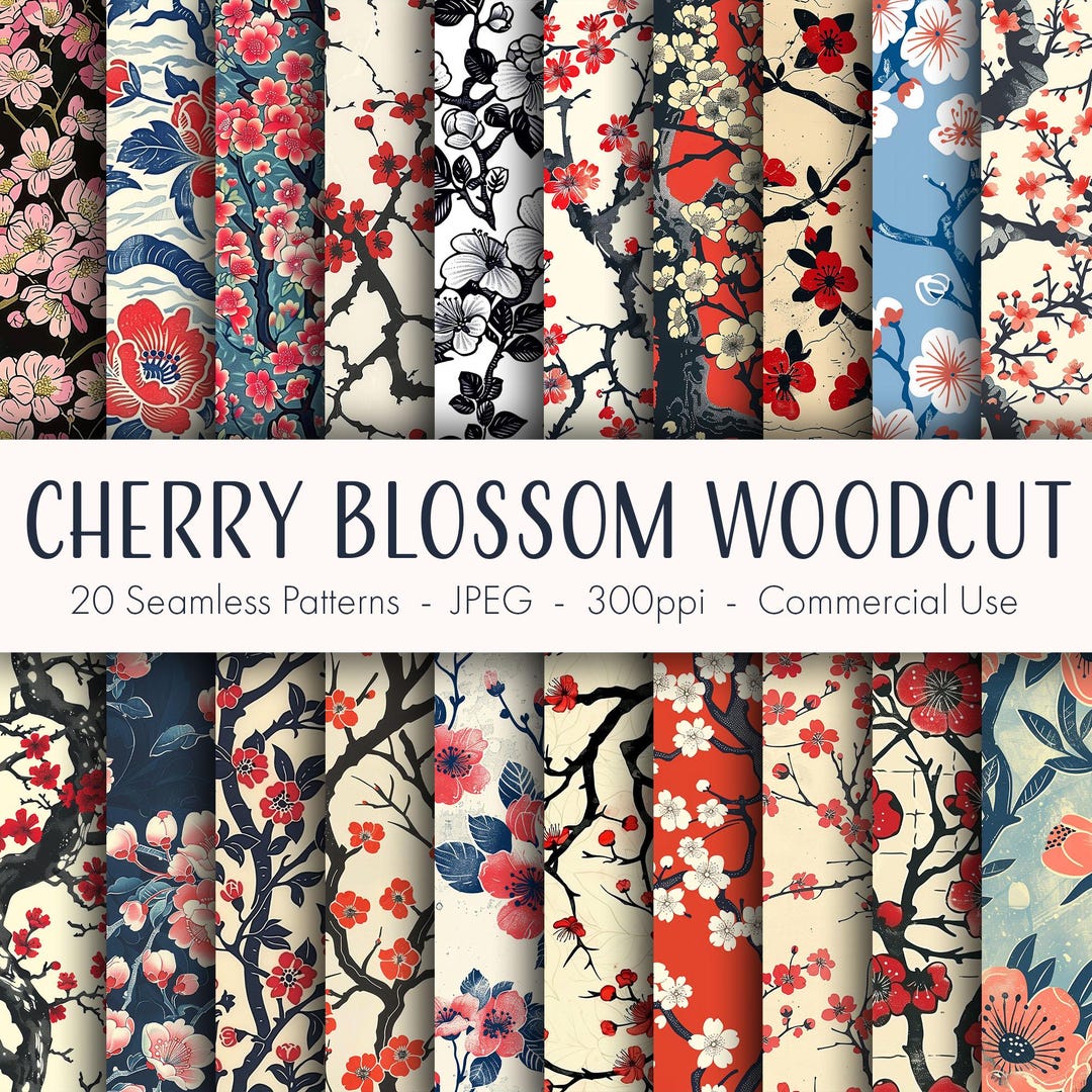 Cherry Blossom Woodcut Seamless Patterns, Printable Digital Paper ...