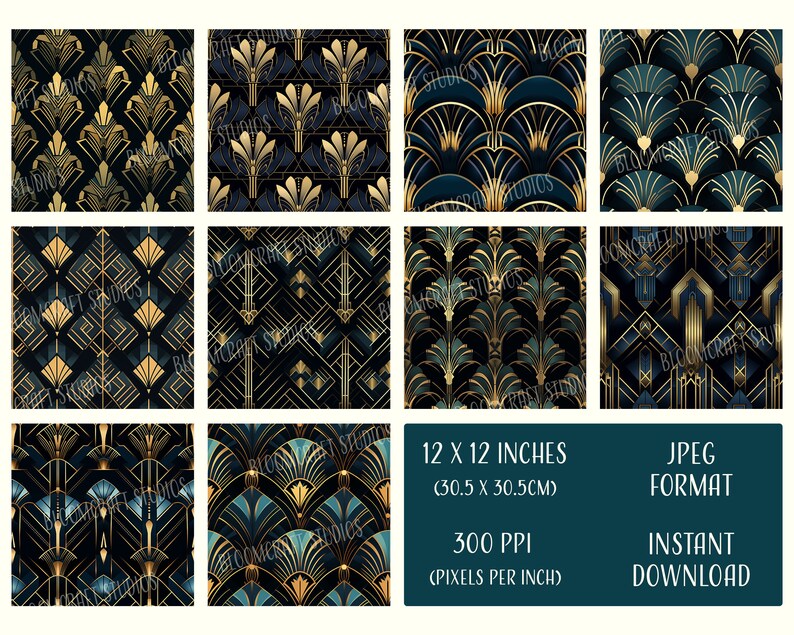 Art Deco Seamless Patterns, Printable Digital Paper, Instant Download ...