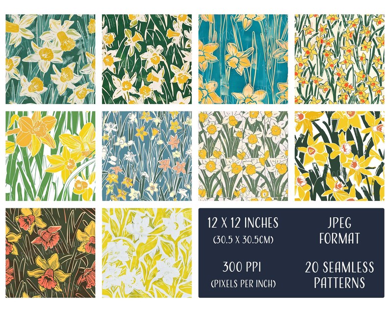 Vintage Daffodils Seamless Patterns, Printable Digital Paper ...