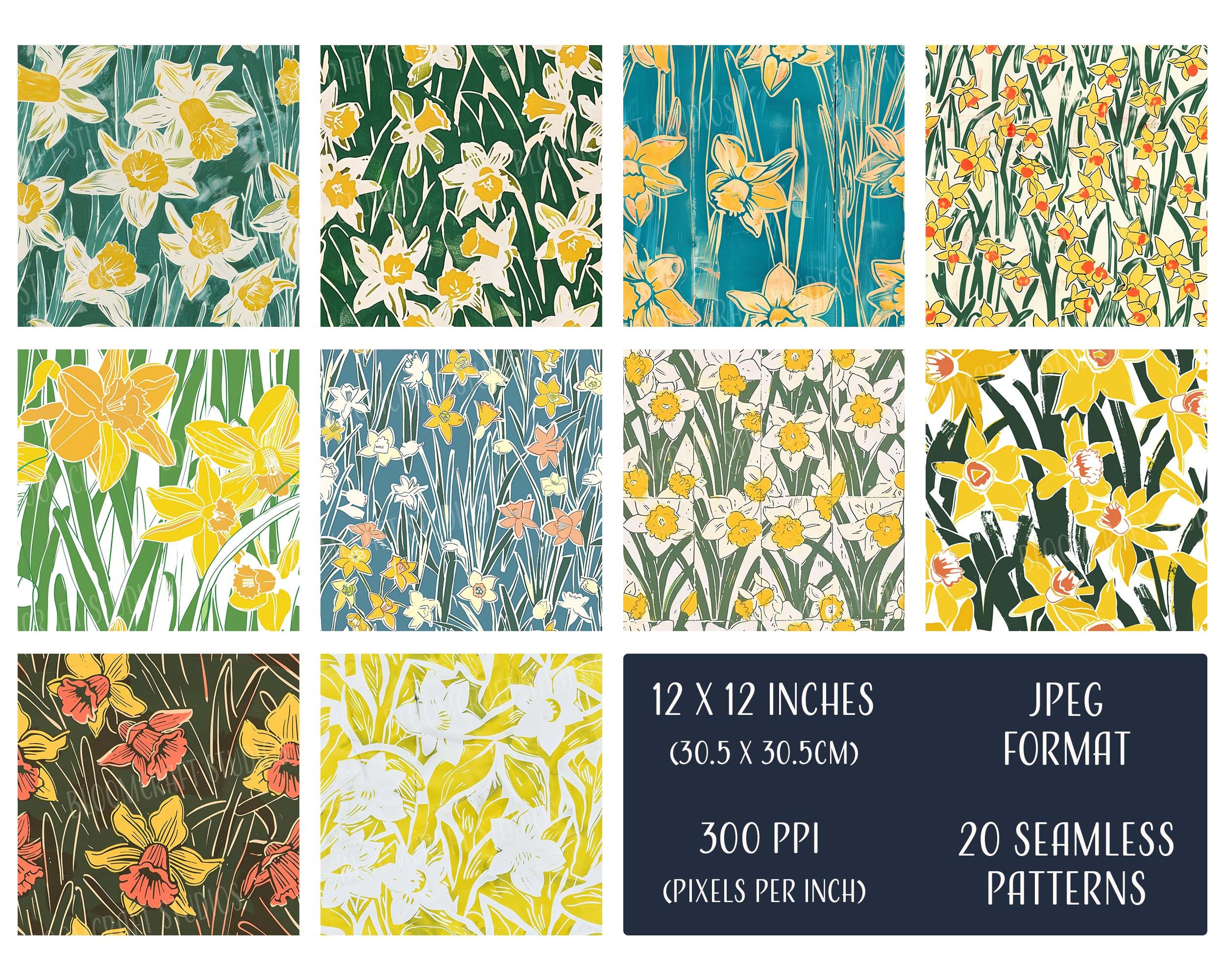 Vintage Daffodils Seamless Patterns, Printable Digital Paper ...