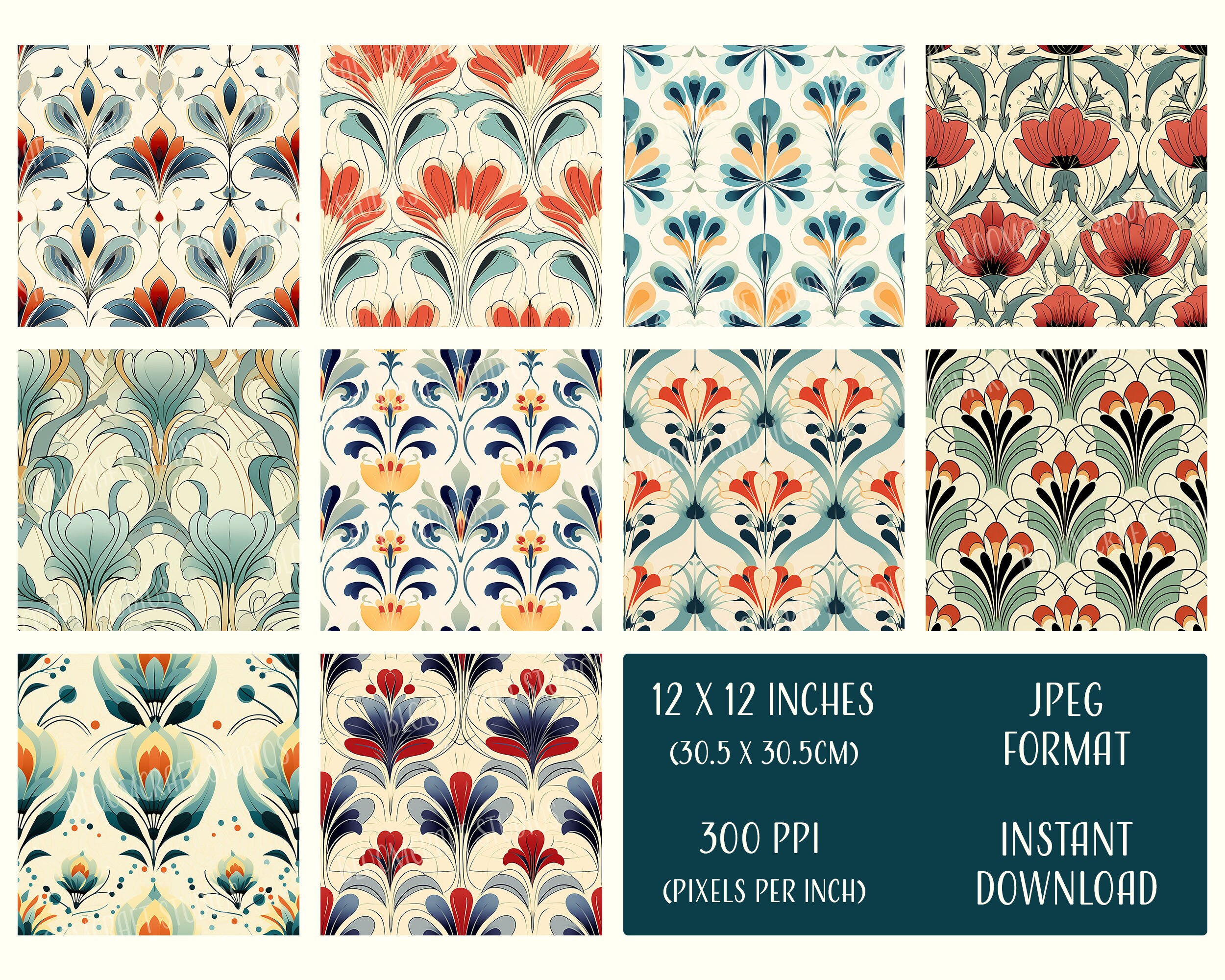 Art Deco Floral Seamless Patterns, Printable Digital Paper, Instant ...