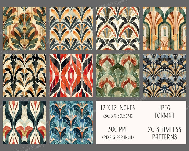 Art Deco Seamless Patterns, Printable Digital Paper, Commercial Use ...