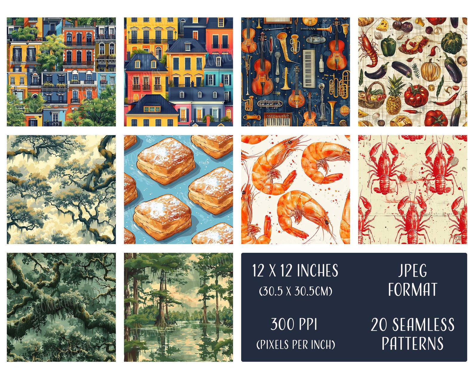 New Orleans Seamless Patterns, Printable Digital Paper, Commercial Use ...