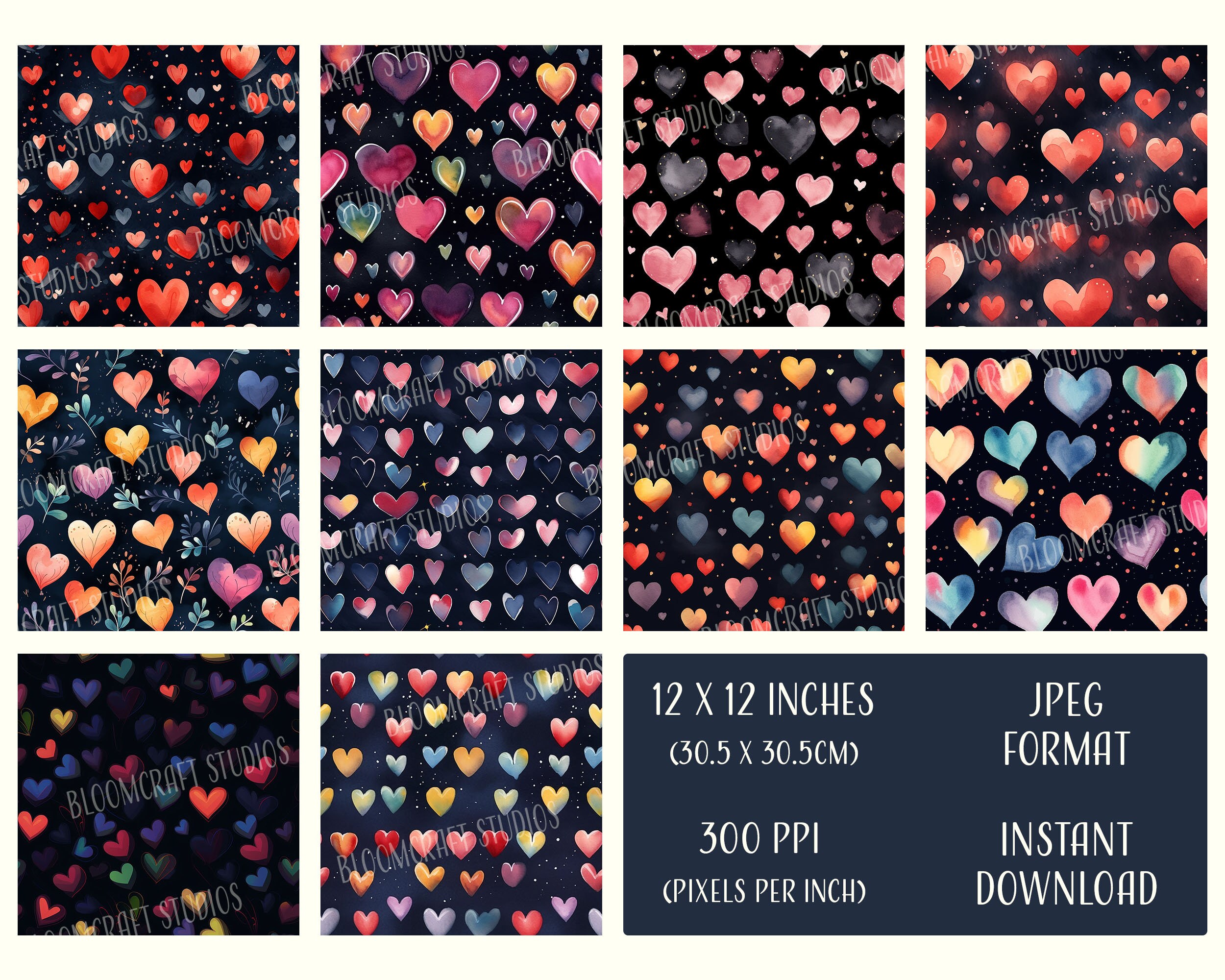 Hearts Seamless Patterns, Printable Digital Paper, Instant Download ...