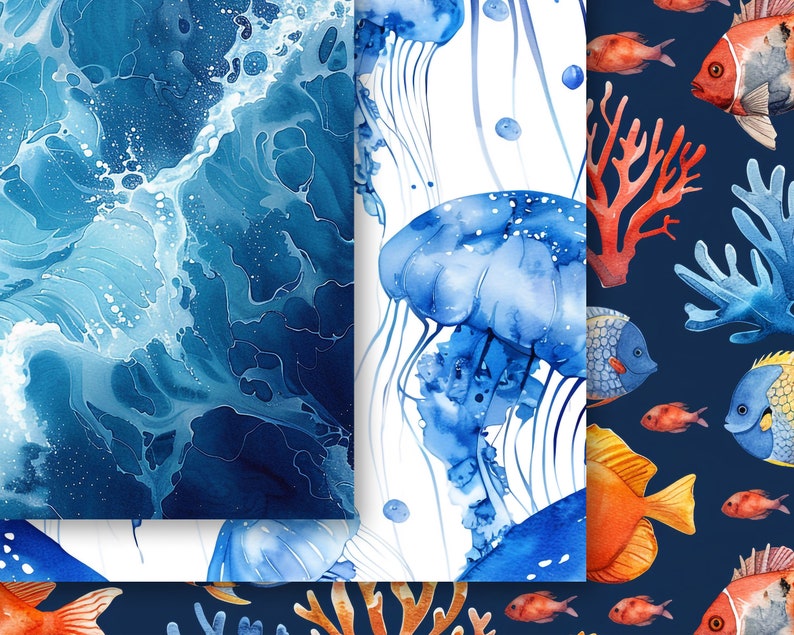 Ocean Seamless Patterns, Printable Digital Paper, Commercial Use, JPEG ...
