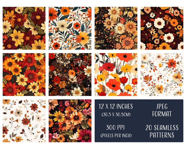 Fall Flowers Seamless Patterns, Printable Digital Paper, Commercial Use ...