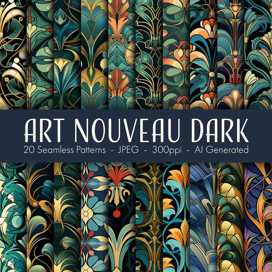Art Nouveau Dark Seamless Patterns, Printable Digital Paper, Commercial ...