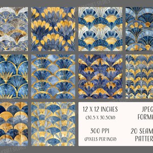 Art Deco Blue Seamless Patterns, Printable Digital Paper, Commercial ...