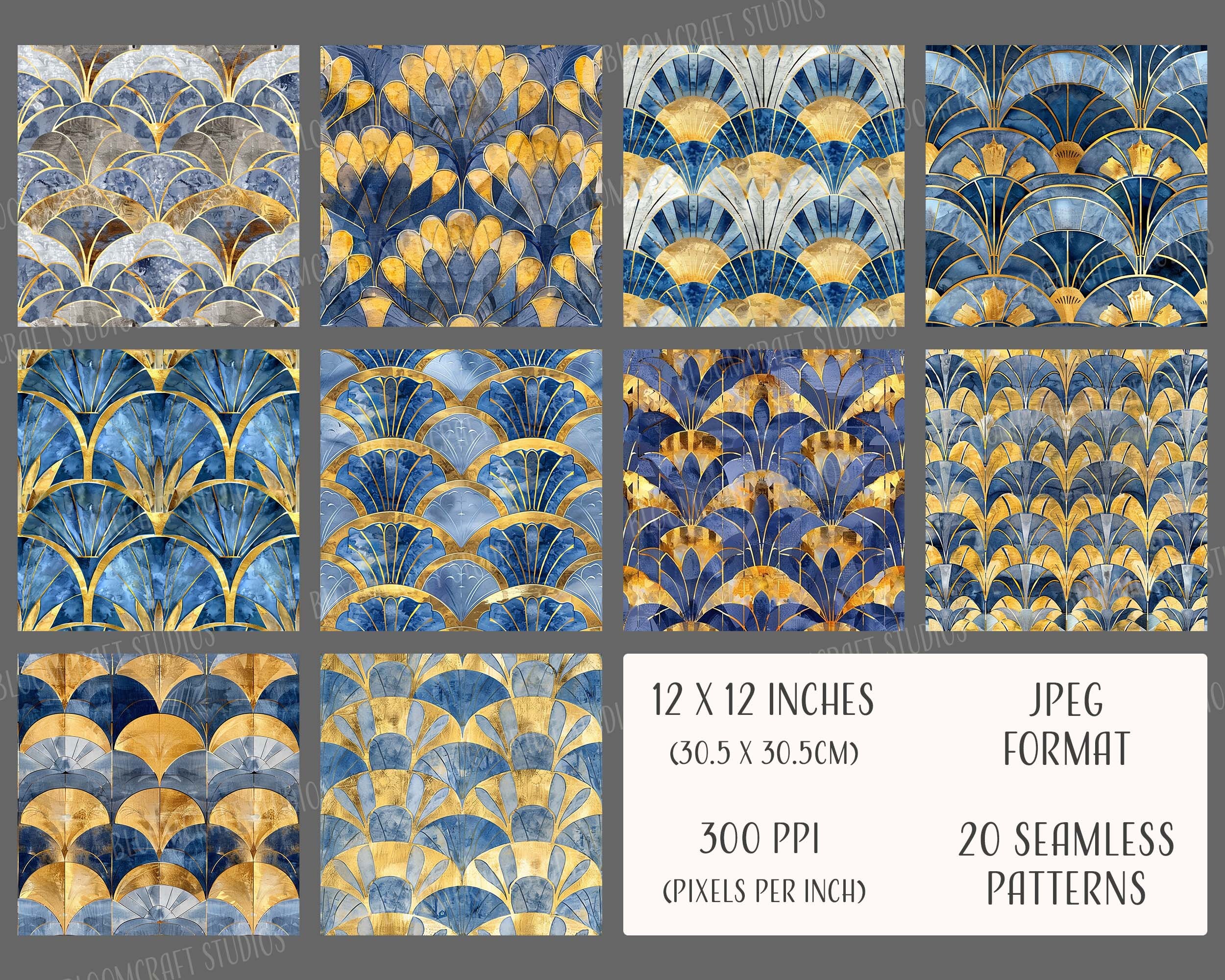 Art Deco Blue Seamless Patterns, Printable Digital Paper, Commercial ...