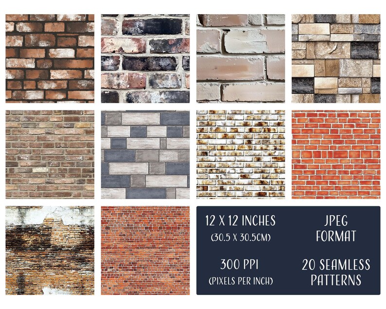 Brick Wall Seamless Patterns, Printable Digital Paper, Commercial Use ...
