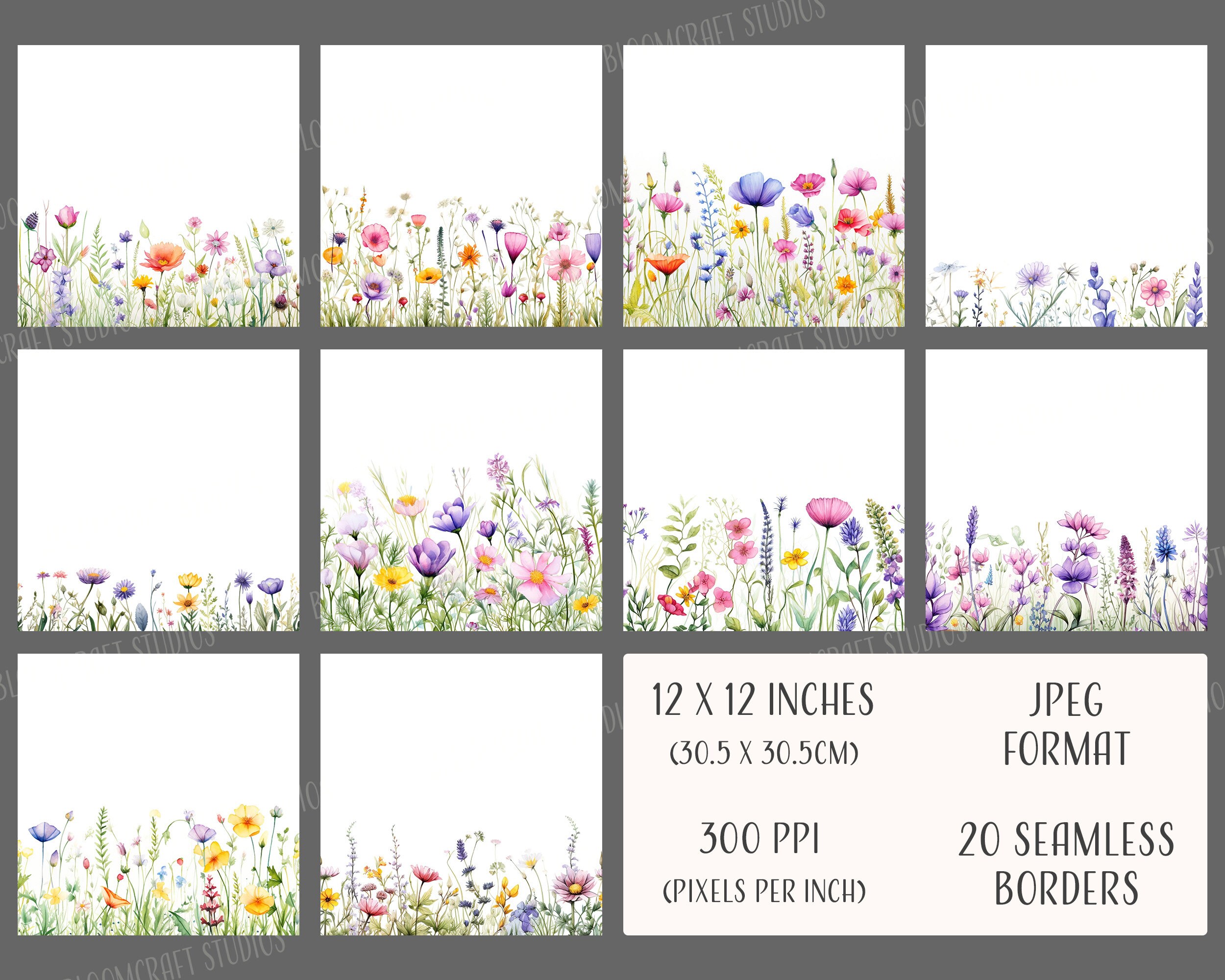 Wildflower Seamless Borders, Printable Digital Paper, Commercial Use ...