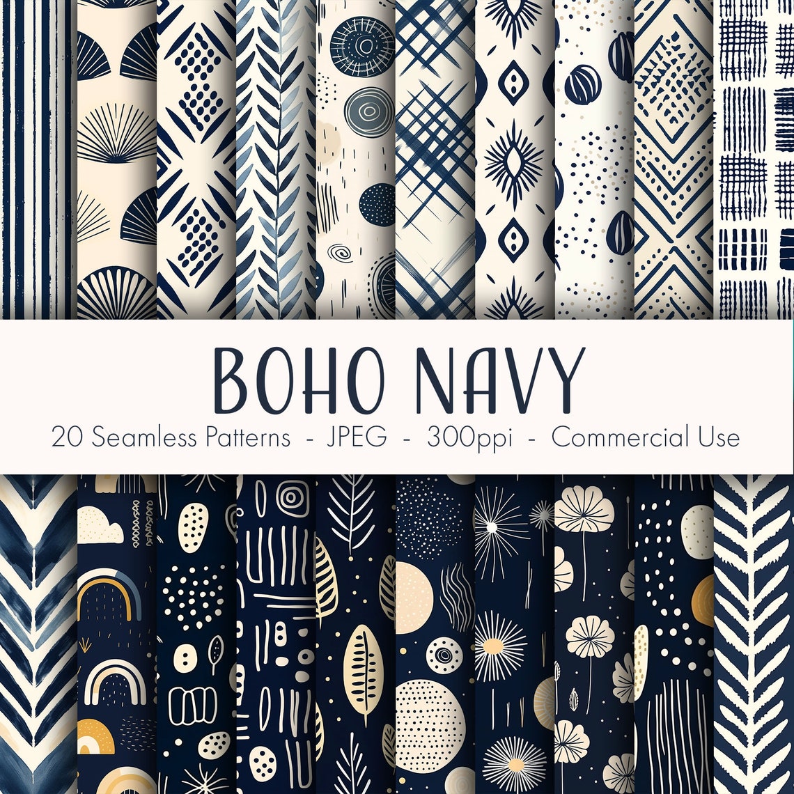 Boho Navy Seamless Patterns, Printable Digital Paper, Instant Download ...