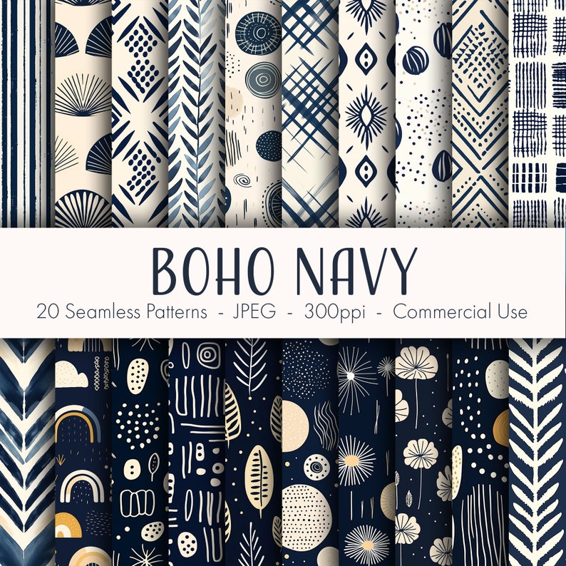 Boho Navy Seamless Patterns, Printable Digital Paper, Instant Download ...