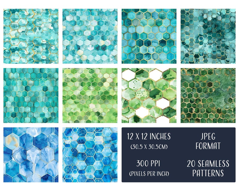 Aqua Hexagon Seamless Patterns, Printable Digital Paper, Commercial Use ...