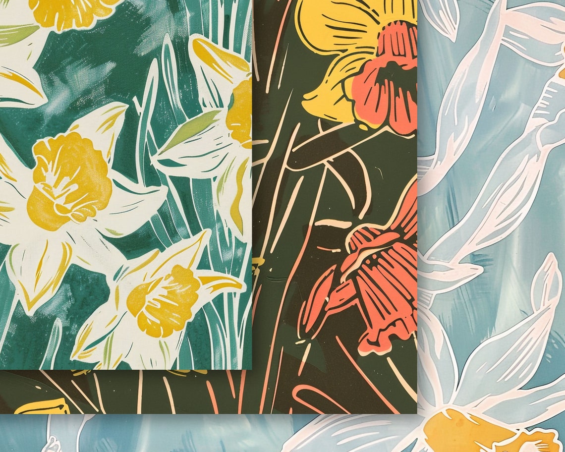 Vintage Daffodils Seamless Patterns, Printable Digital Paper ...