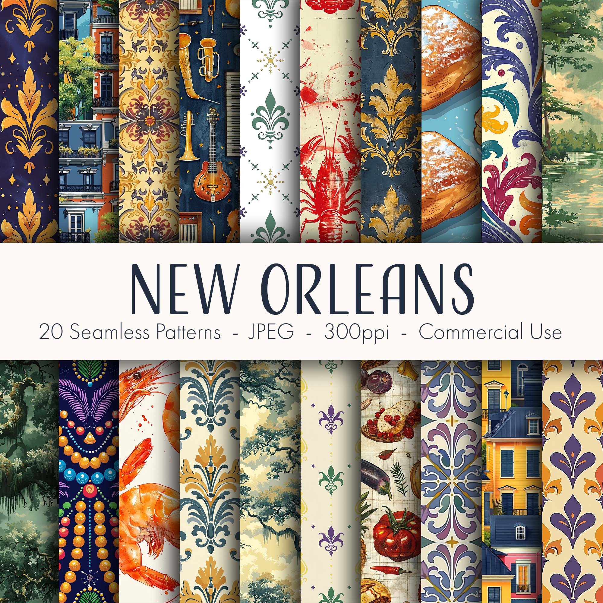 New Orleans Seamless Patterns, Printable Digital Paper, Commercial Use ...
