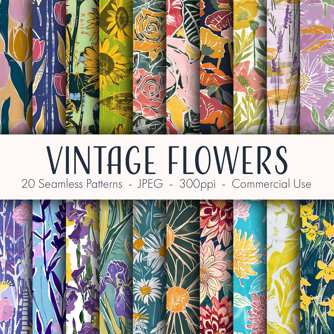 Vintage Flowers Seamless Patterns, Printable Digital Paper, Commercial ...
