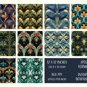 Art Nouveau Dark Seamless Patterns, Printable Digital Paper, Commercial ...
