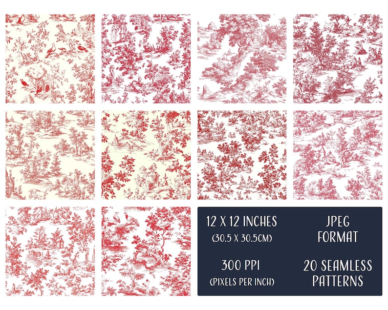 Toile De Jouy Red Seamless Patterns, Printable Digital Paper ...