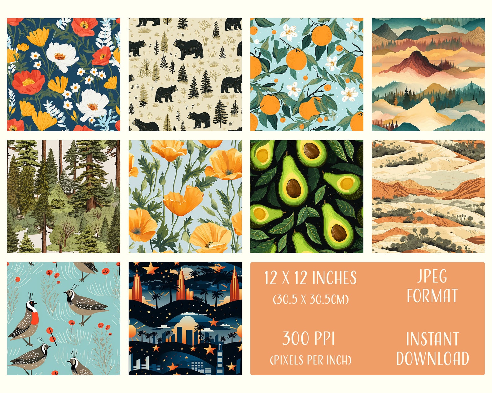 California Patterns, Printable Digital Paper, Commercial Use, JPEG ...