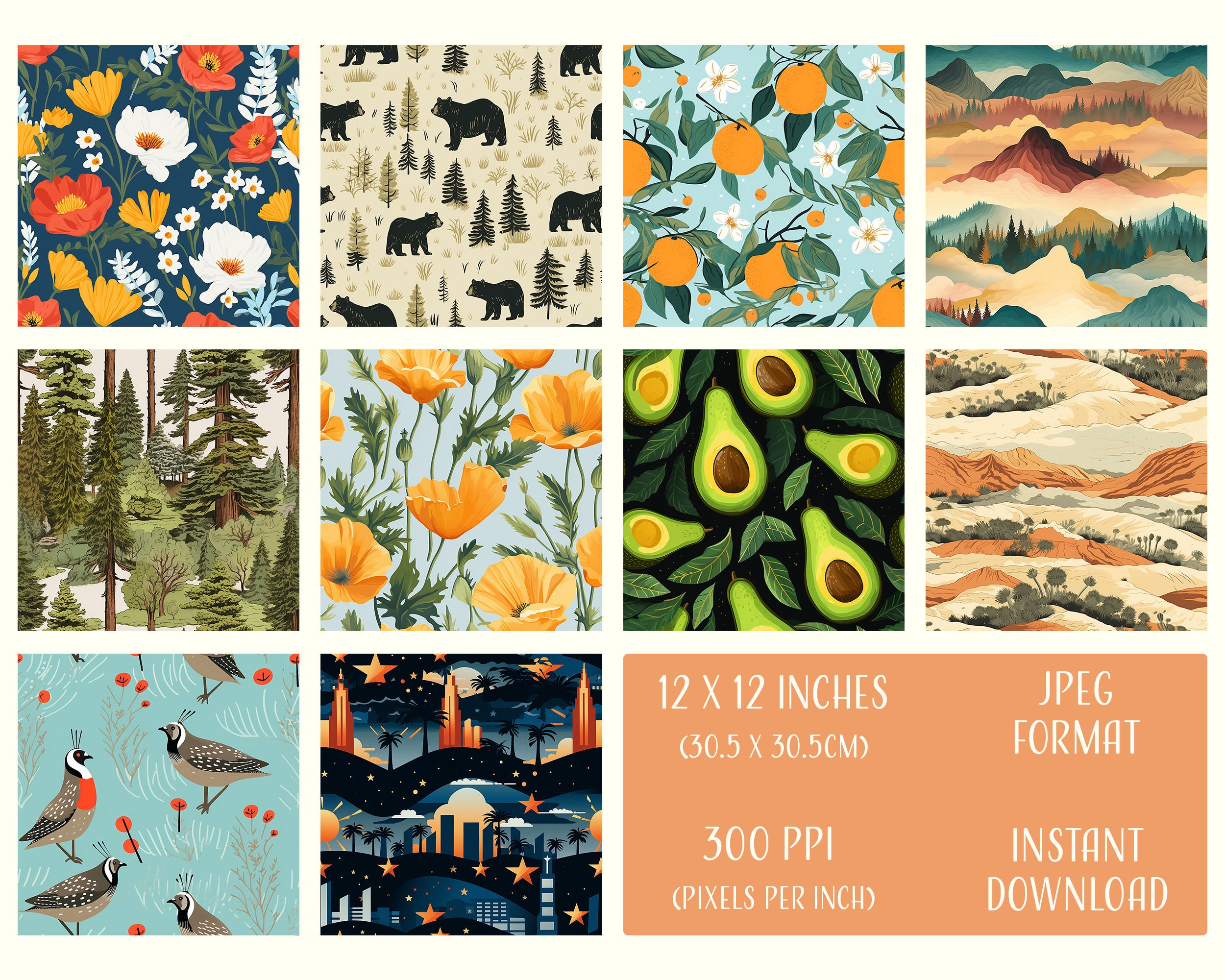 California Patterns, Printable Digital Paper, Commercial Use, JPEG ...