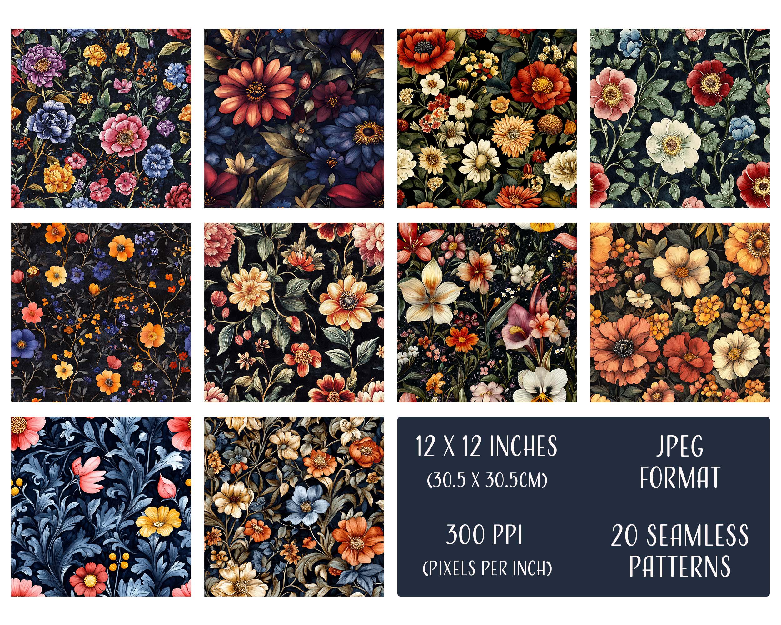 Botanical Dark Seamless Patterns, Printable Digital Paper, Commercial ...