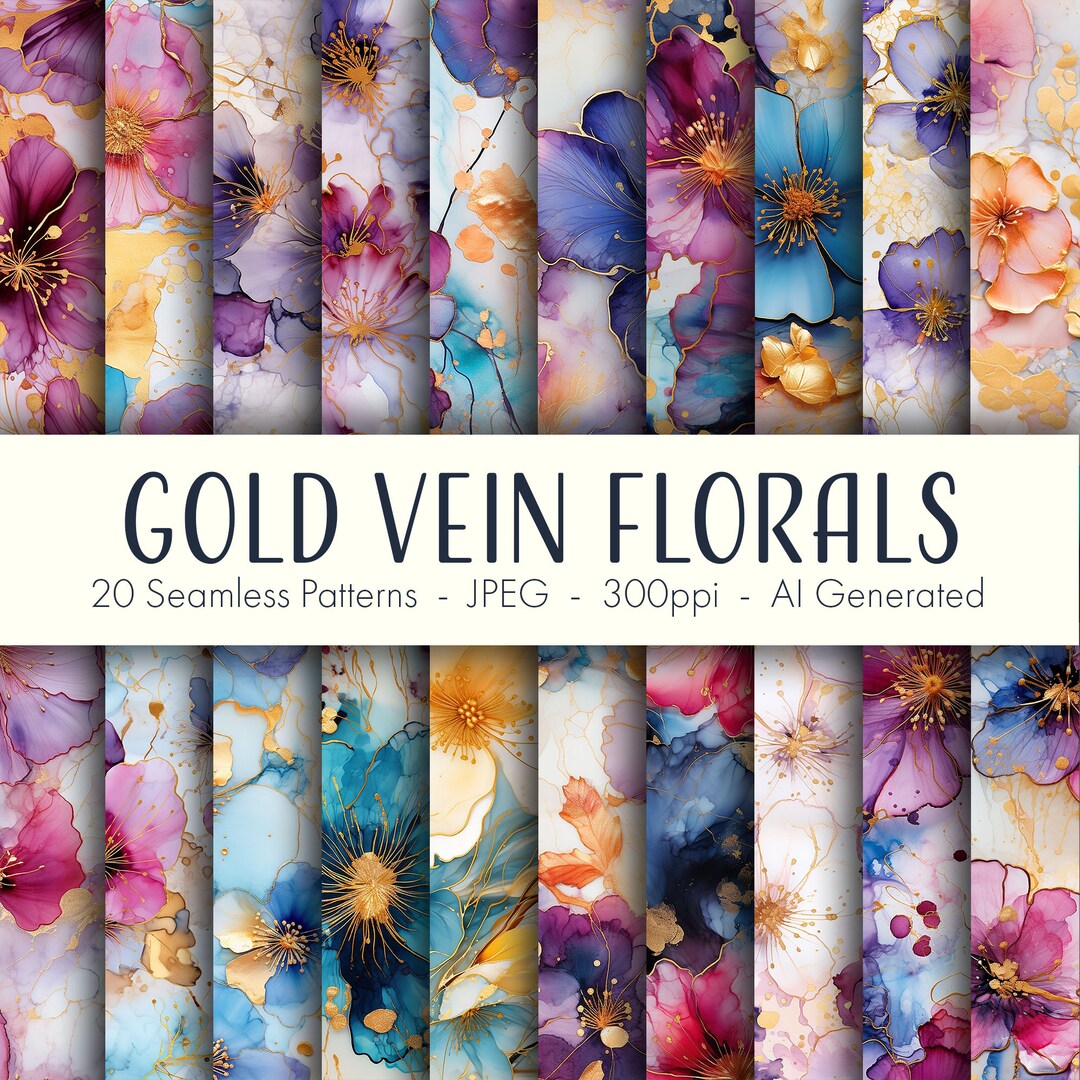 Gold Vein Florals Seamless Patterns, Printable Digital Paper ...