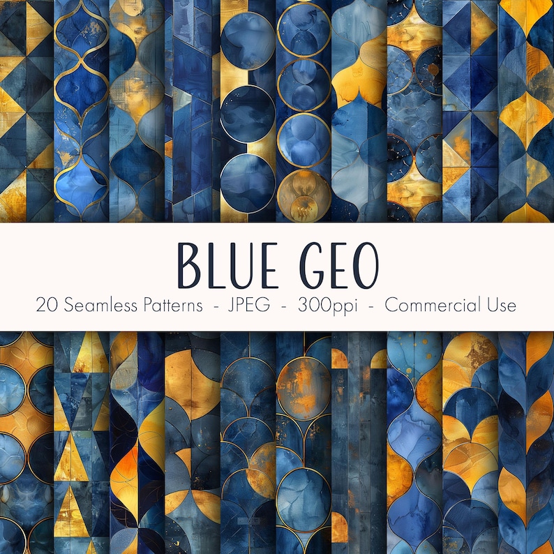 Blue Geo Seamless Patterns, Printable Digital Paper, Commercial Use ...