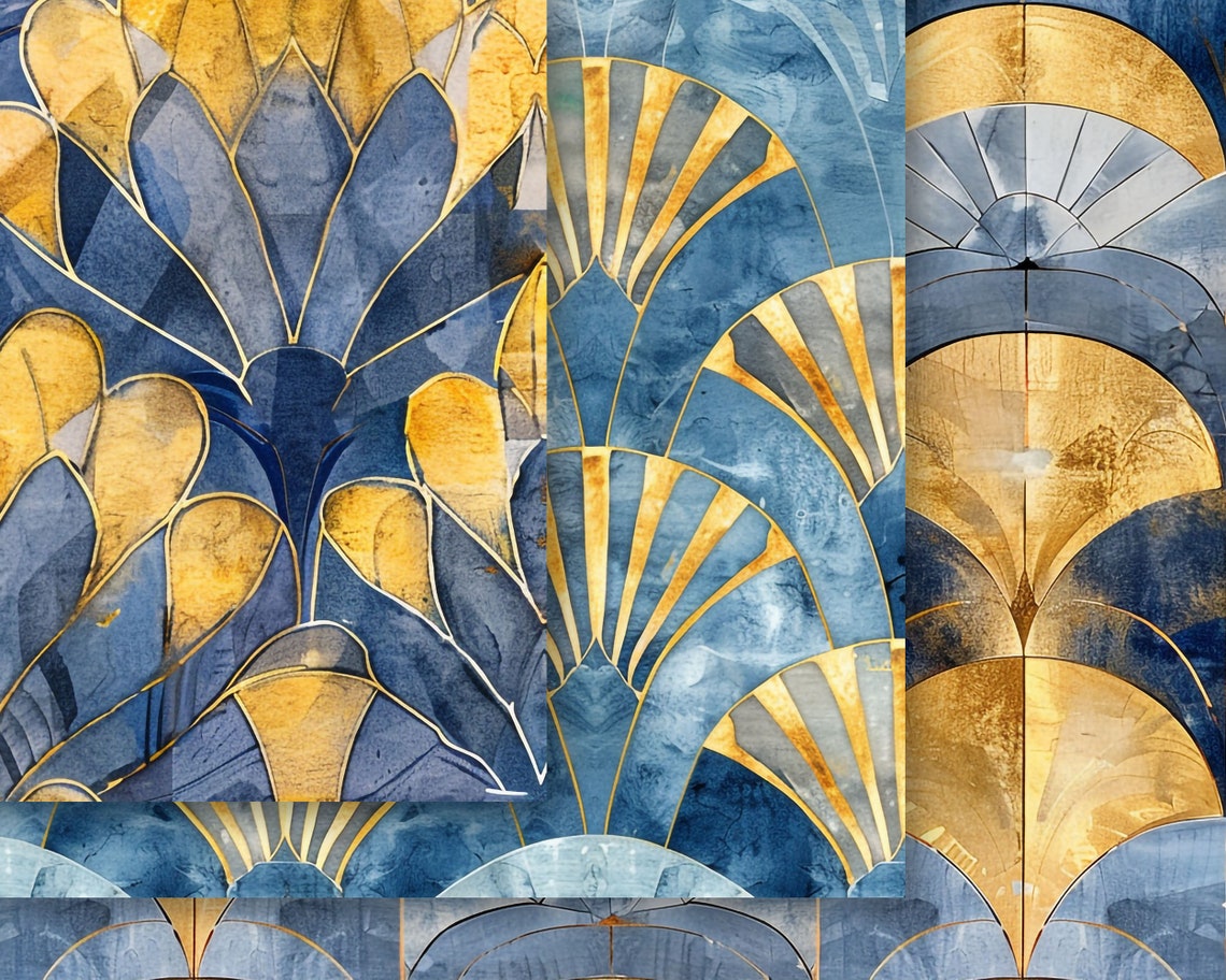 Art Deco Blue Seamless Patterns, Printable Digital Paper, Commercial ...