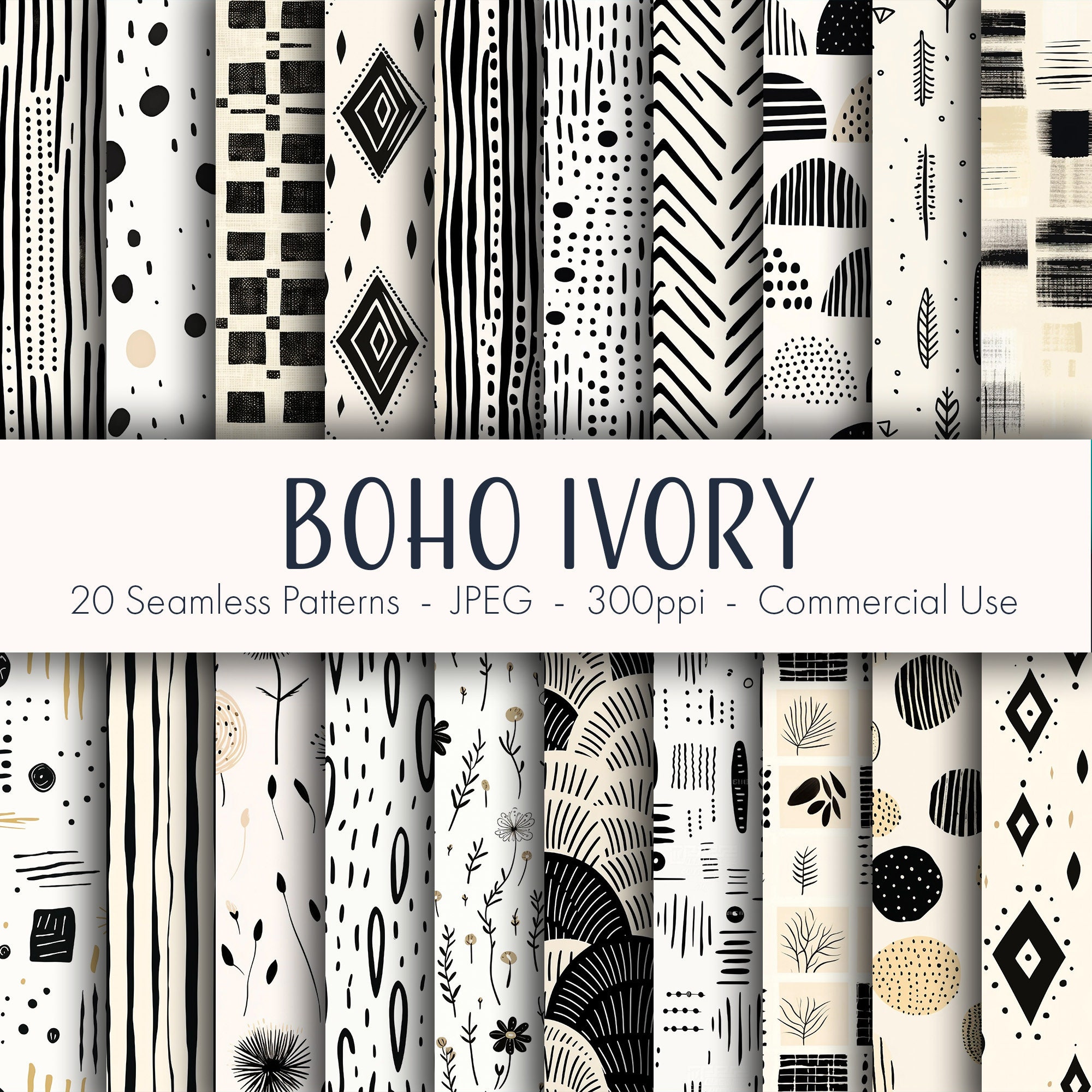 Boho Ivory Seamless Patterns, Printable Digital Paper, Instant Download ...