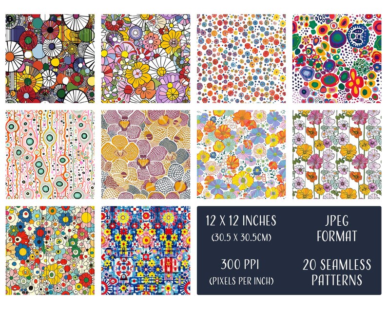 Retro Flowers Seamless Patterns, Printable Digital Paper, Commercial ...