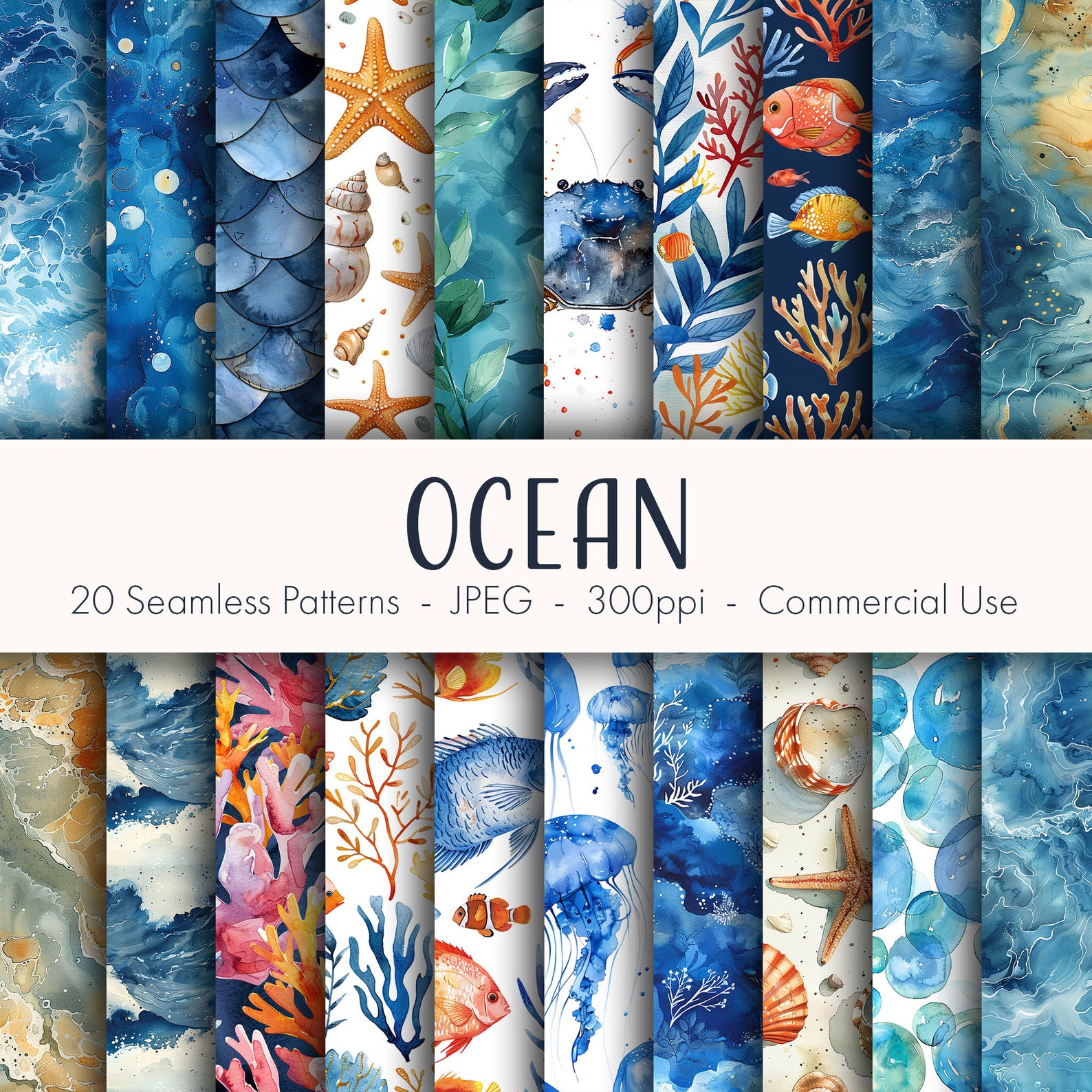 Ocean Seamless Patterns, Printable Digital Paper, Commercial Use, JPEG ...