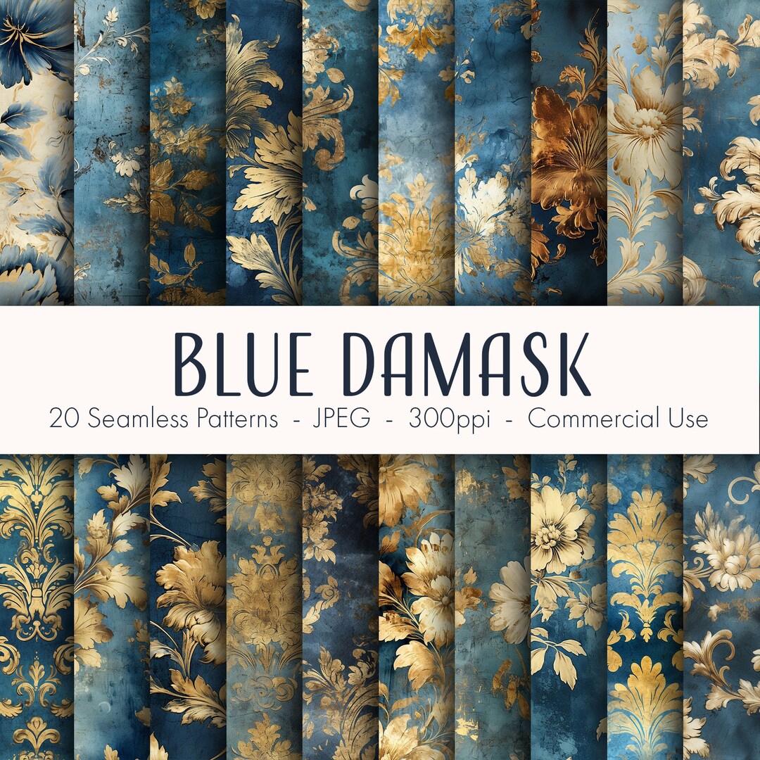 Blue Damask Seamless Patterns, Printable Digital Paper, Instant ...