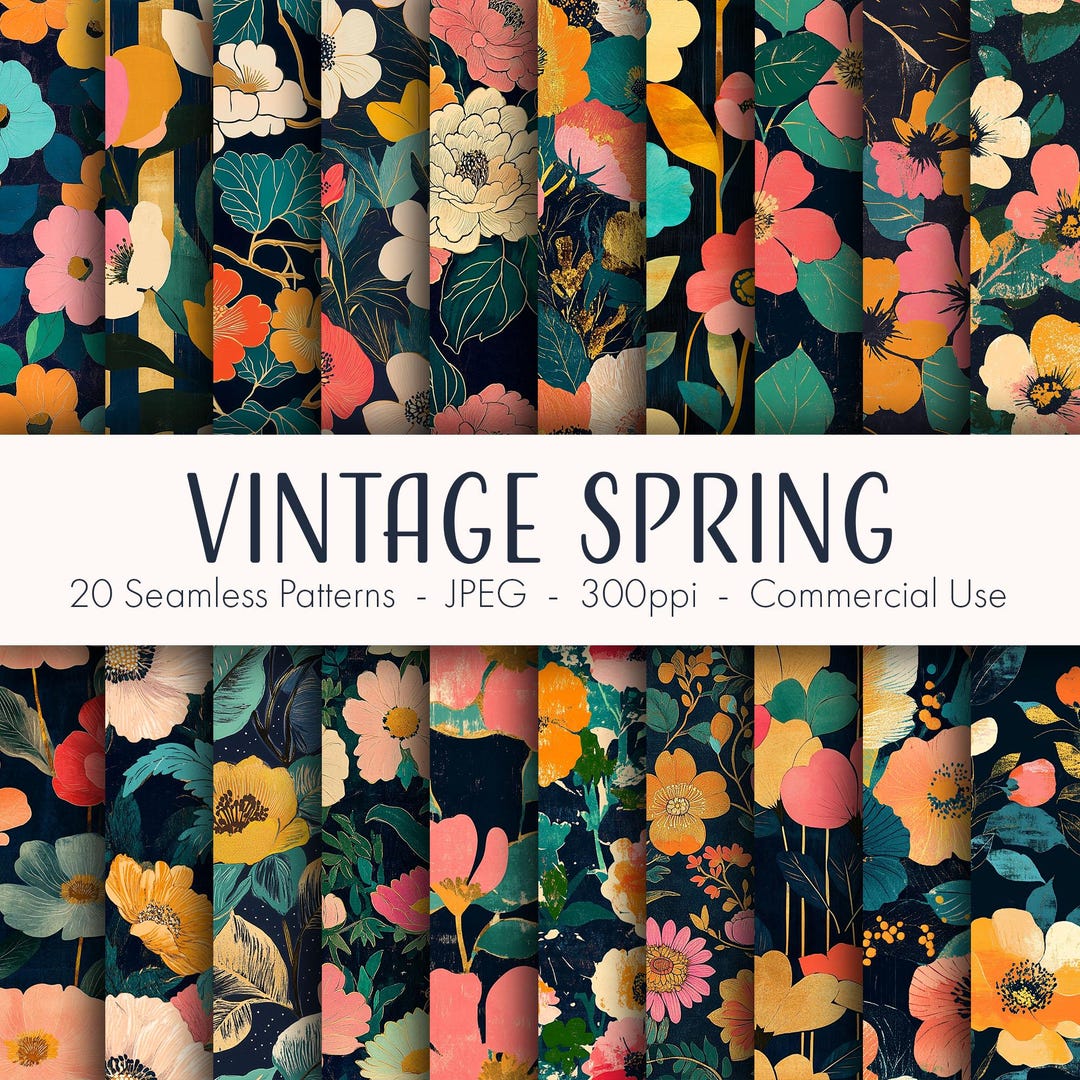 Vintage Spring Seamless Patterns, Printable Digital Paper, Commercial ...