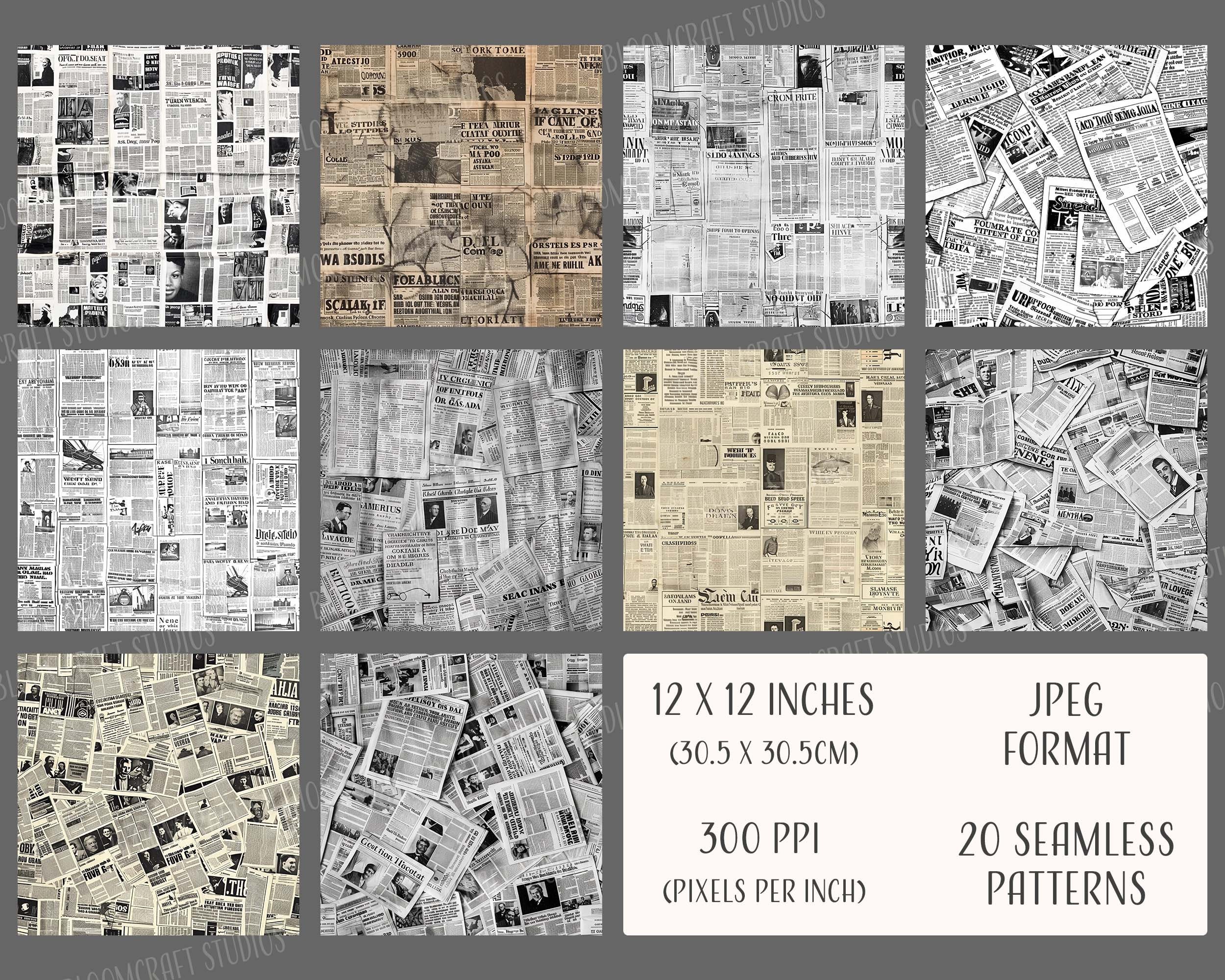 Newspaper Seamless Patterns, Printable Digital Paper, Commercial Use ...