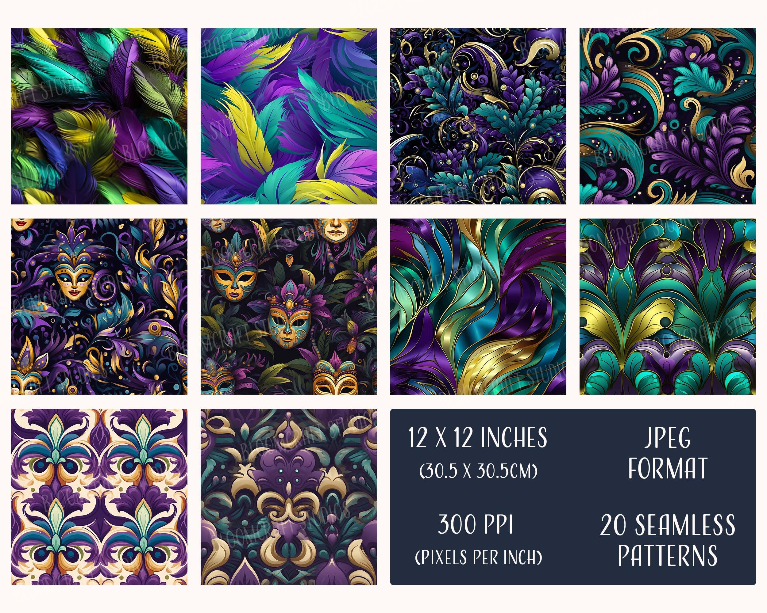 Mardi Gras Seamless Patterns, Printable Digital Paper, Commercial Use ...