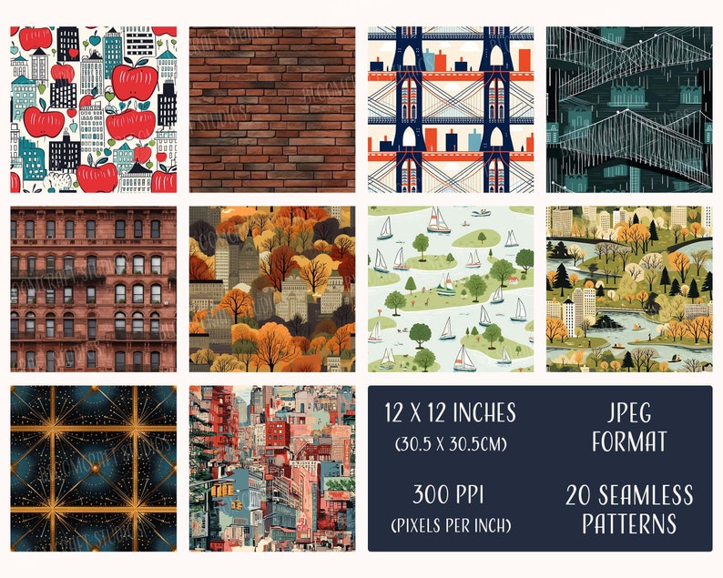 New York City Seamless Patterns, Printable Digital Paper, Commercial ...